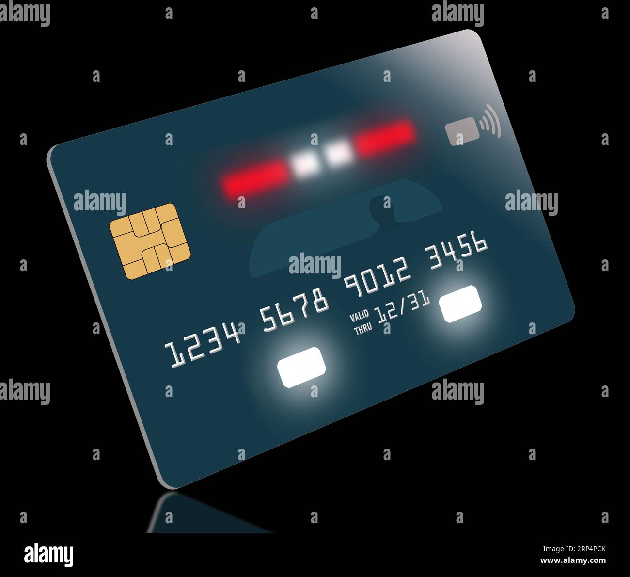 A police car with red lights on decorates a generic credit card in a 3 ...