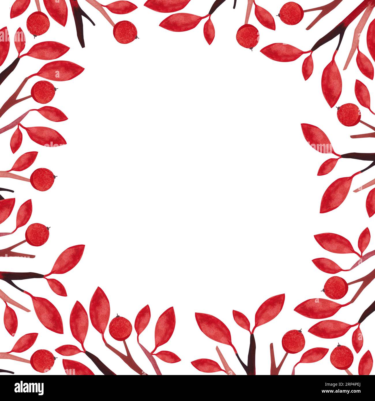 Autumn frame with red leaves, branches and berries. Watercolor drawing ...