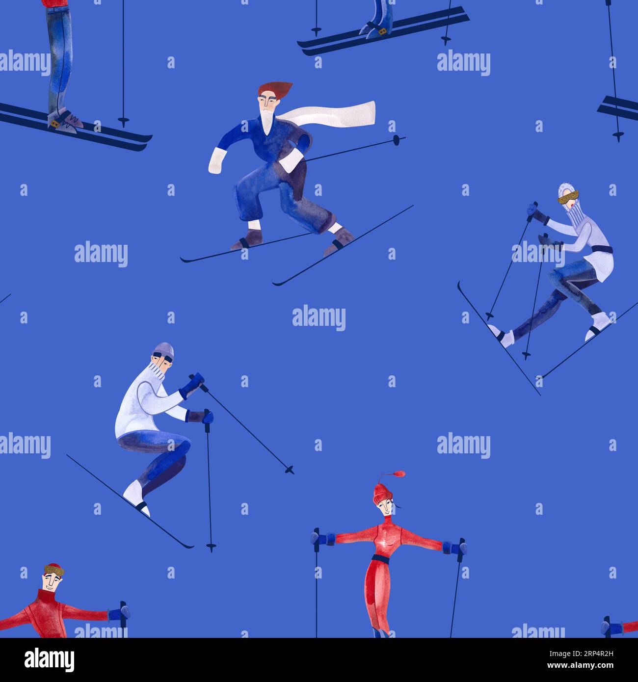 Watercolor seamless patern with skiers. Winter textile. Sport costume ...