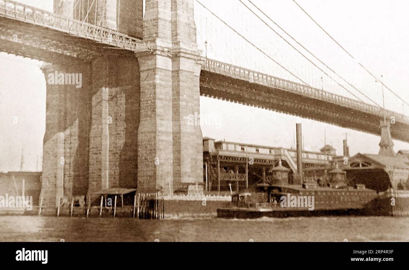 The Fulton Ferry and Brooklyn Bridge, New York, USA, early 1900s Stock ...