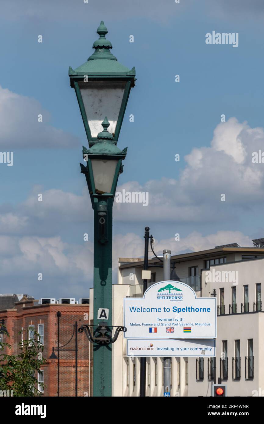 Welcome to Spelthorne road sign on Staines bridge coming into Staines ...