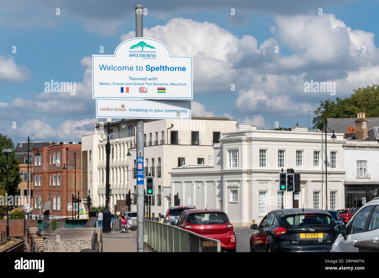 Welcome to Spelthorne road sign on Staines bridge coming into Staines ...