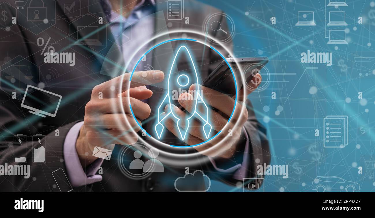 View of a Hand drawn concept made of icon of launching a start up company Stock Photo - Alamy