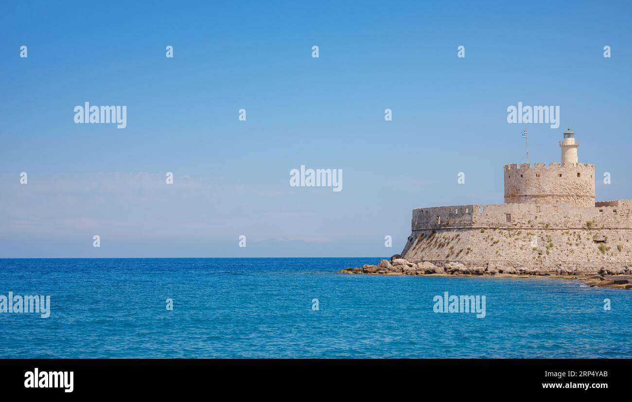 Mandraki port and fort of St. Nicholas. Rhodes, Greece. Hirschkuh ...