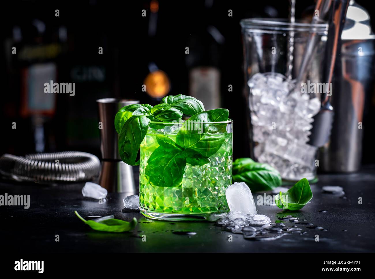 Basil smash green alcoholic cocktail drink with dry gin, sugar syrup ...
