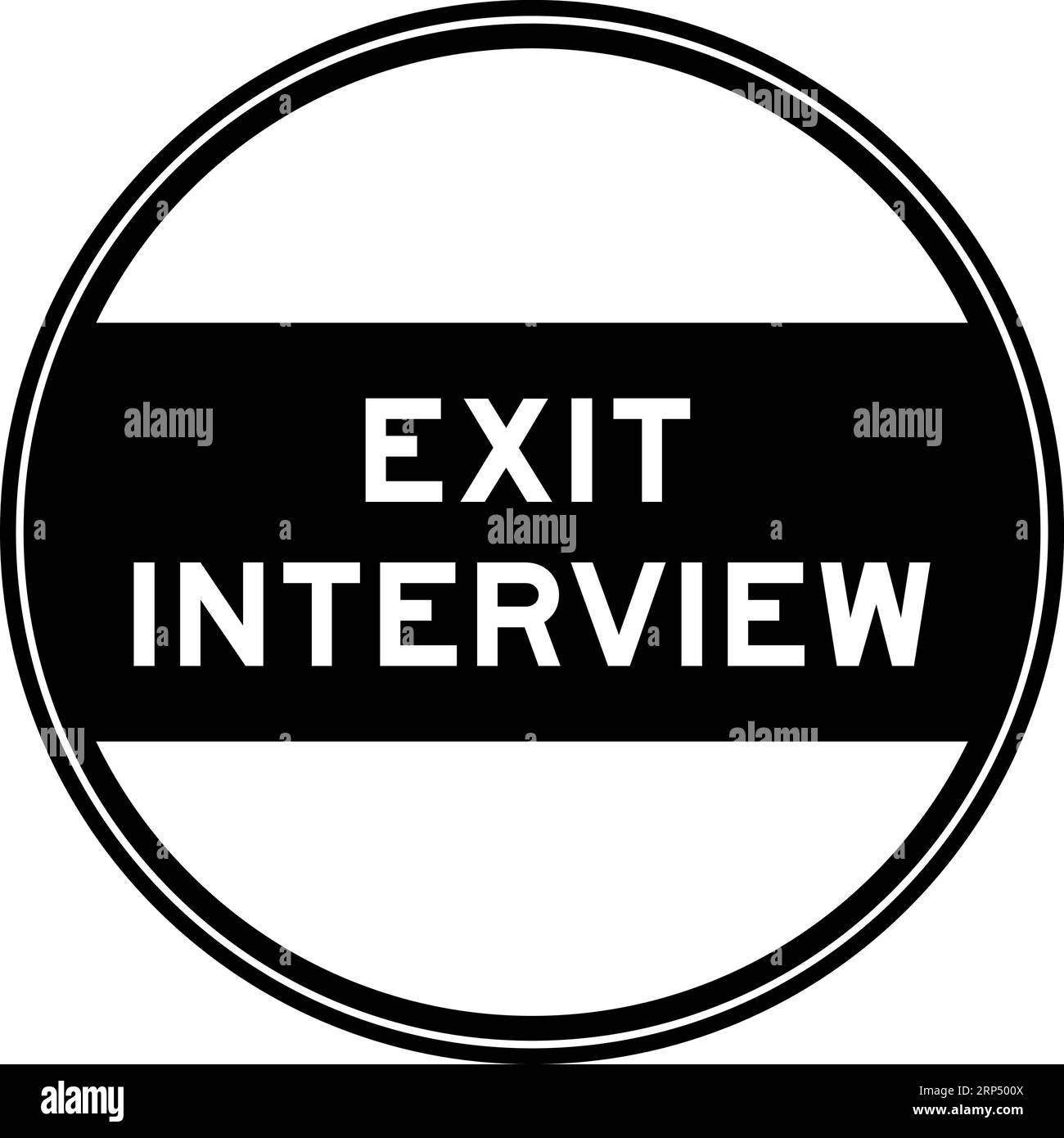 Black color round seal sticker in word exit interview on white ...