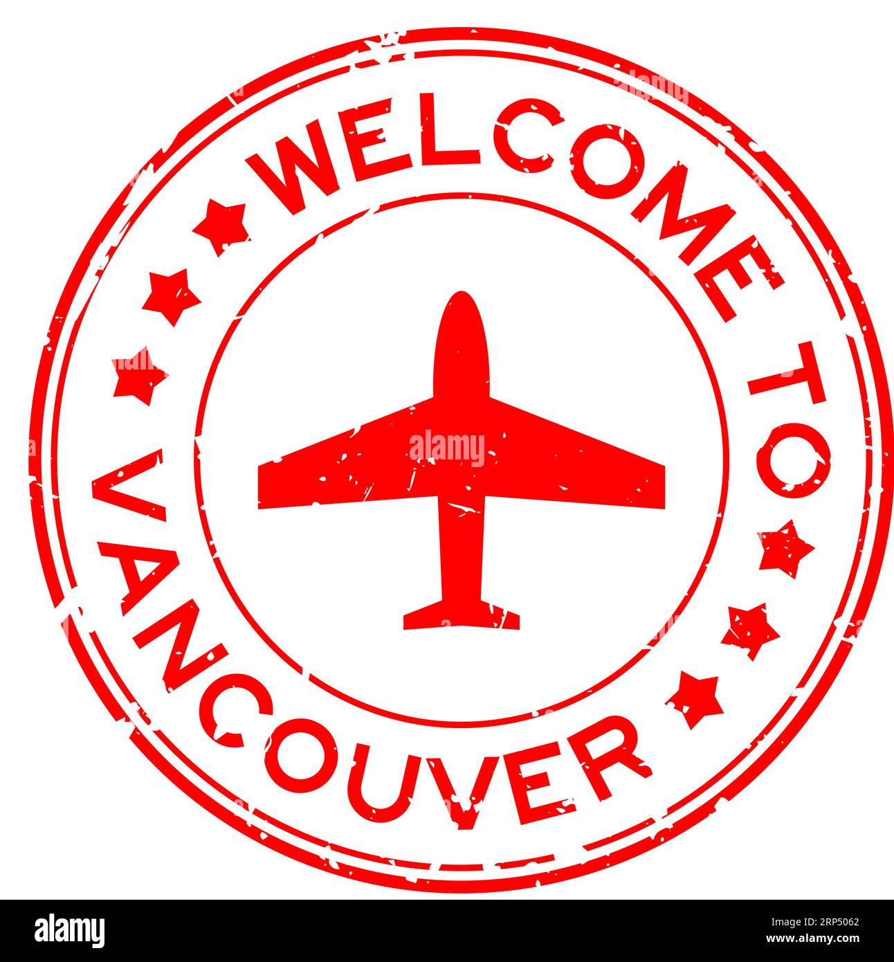 Grunge green welcome to vancouver word with plane icon round rubber ...