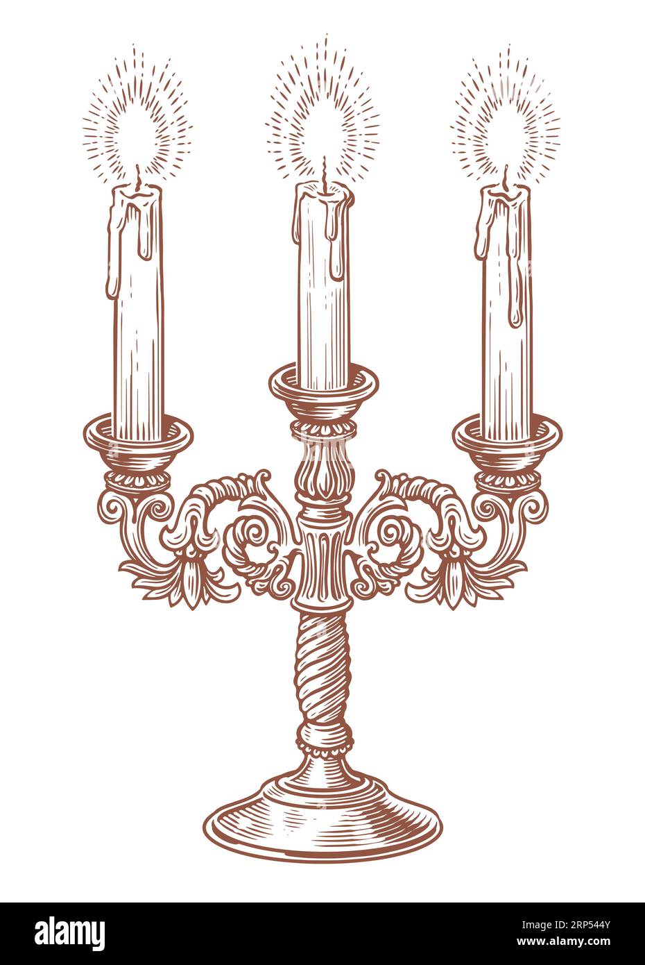 Vintage candlestick with candles. Old chandelier engraving style. Sketch vector illustration ...
