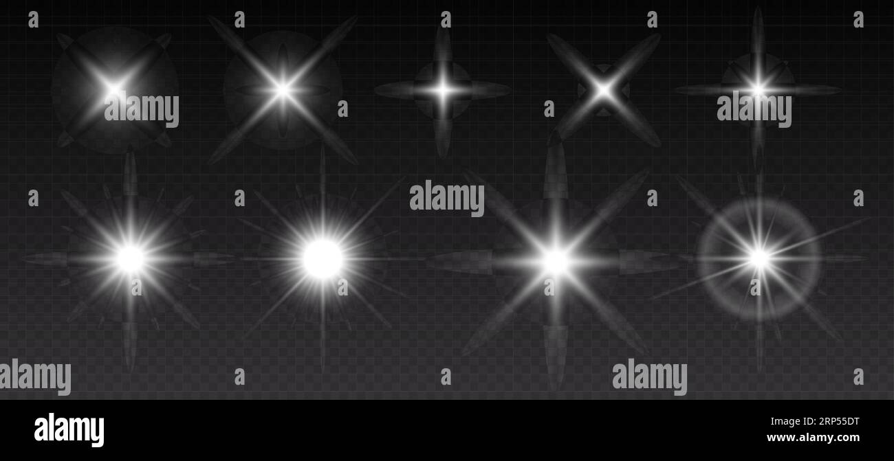 Sparkling stars, flickering and flashing lights. Collection of different light effects on black ...