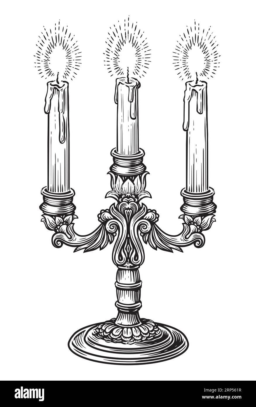 Vintage candelabrum with candles burning. Candlestick sketch engraving style vector illustration ...