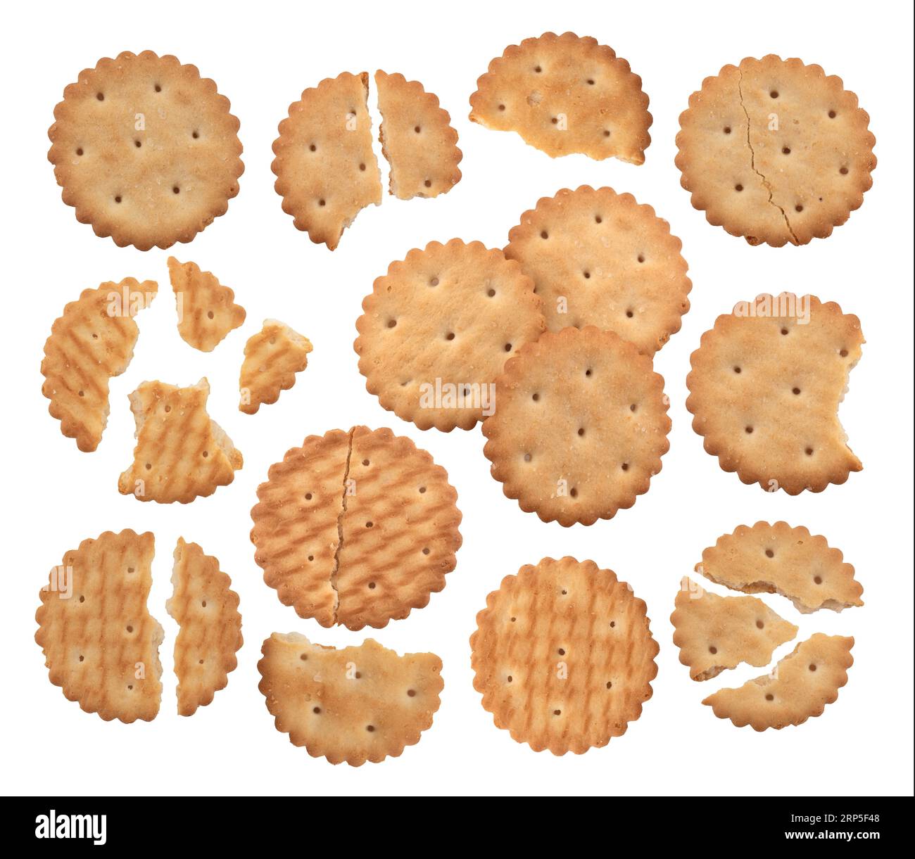 A set of salt cracker biscuits with salt crystals of various shapes ...
