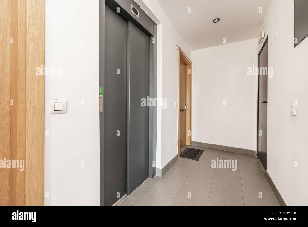 Landing of a residential building with gray metal sliding door elevator ...