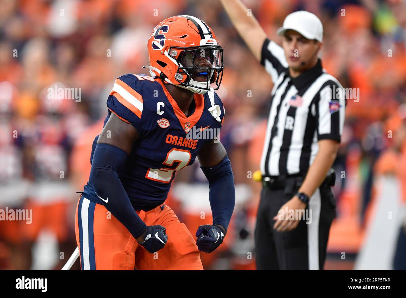 Syracuse linebacker Marlowe Wax (2) reacts after sacking Colgate ...
