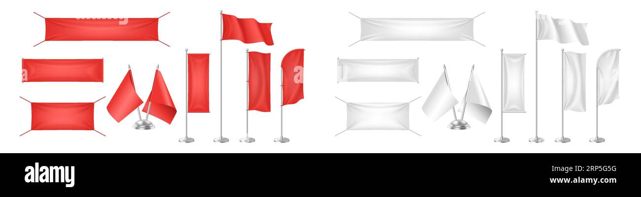 Realistic flags, textile banners, canvas and pennants mockup white and ...