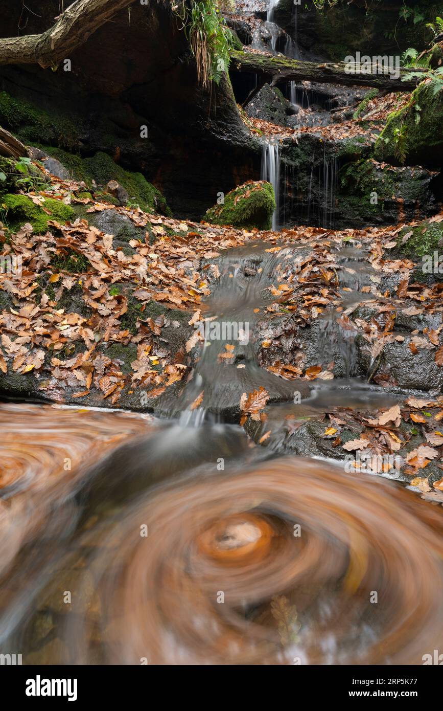 A waterfall near Coalbrookdale, Ironbridge in Autumn with eddy pools ...