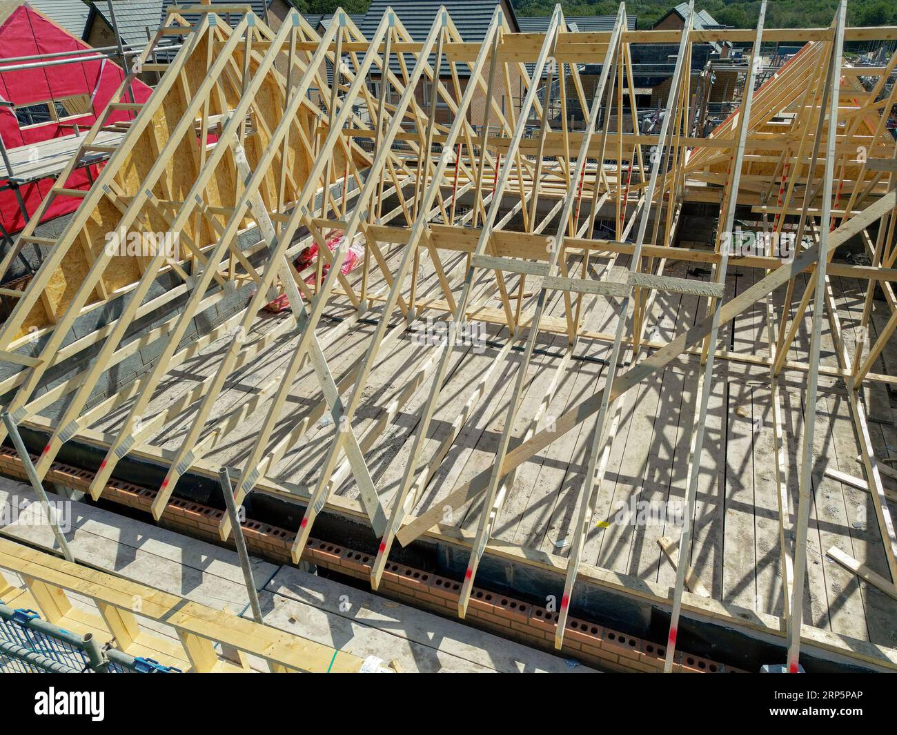Pontypridd, Wales - 3 September 2023: Wooden framework of the roof of a ...