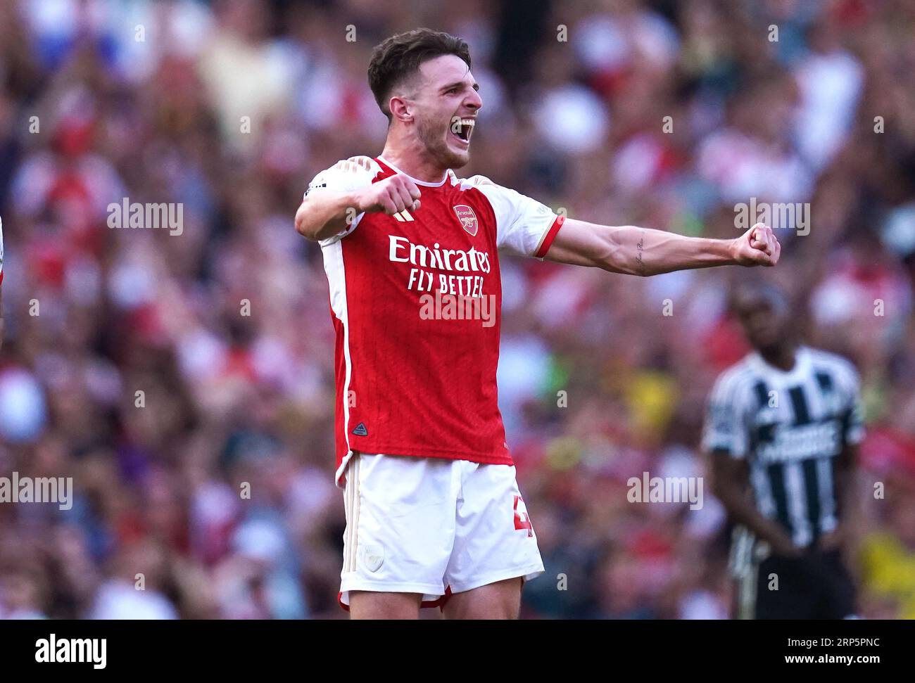 Arsenal's Declan Rice celebrates just before the final whistle during ...