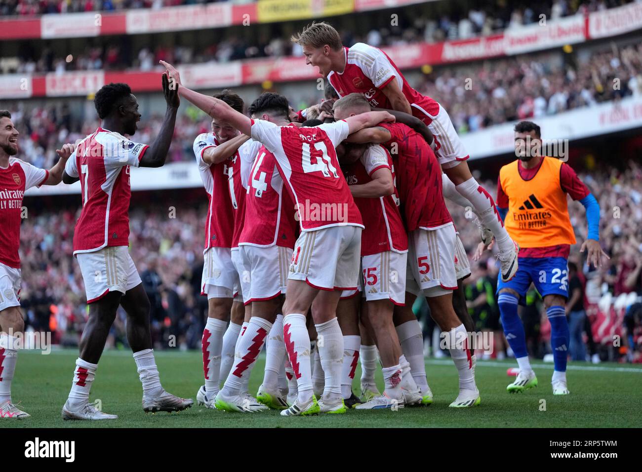 Arsenal players celebrate after teammate Gabriel Jesus scored his side ...