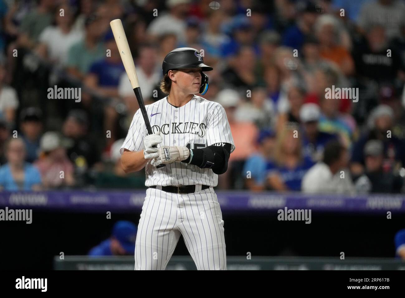 Colorado Rockies first baseman Hunter Goodman (15) in the sixth inning ...