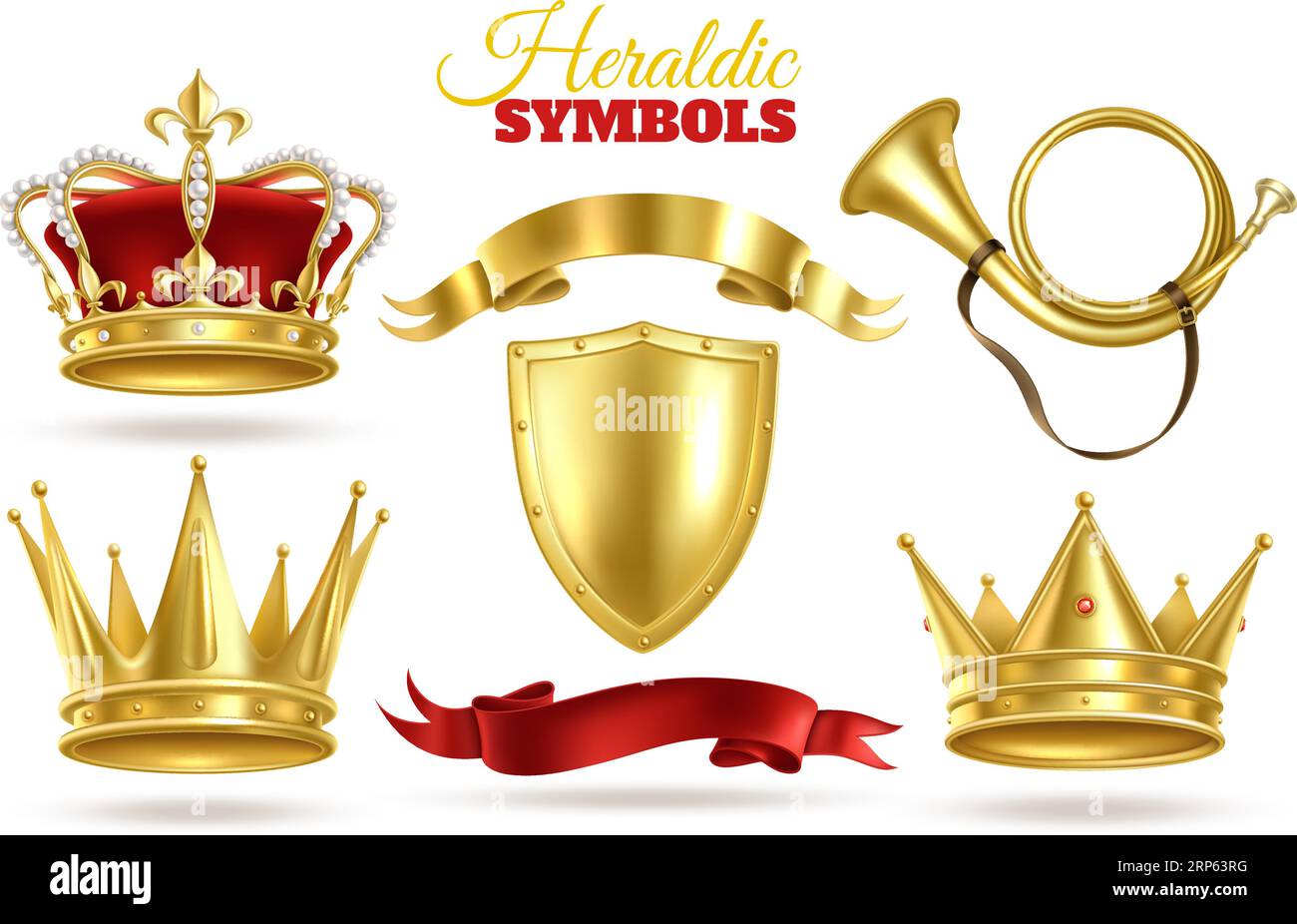 Realistic Heraldic Symbols Golden Crowns King And Queen Gold Diadem