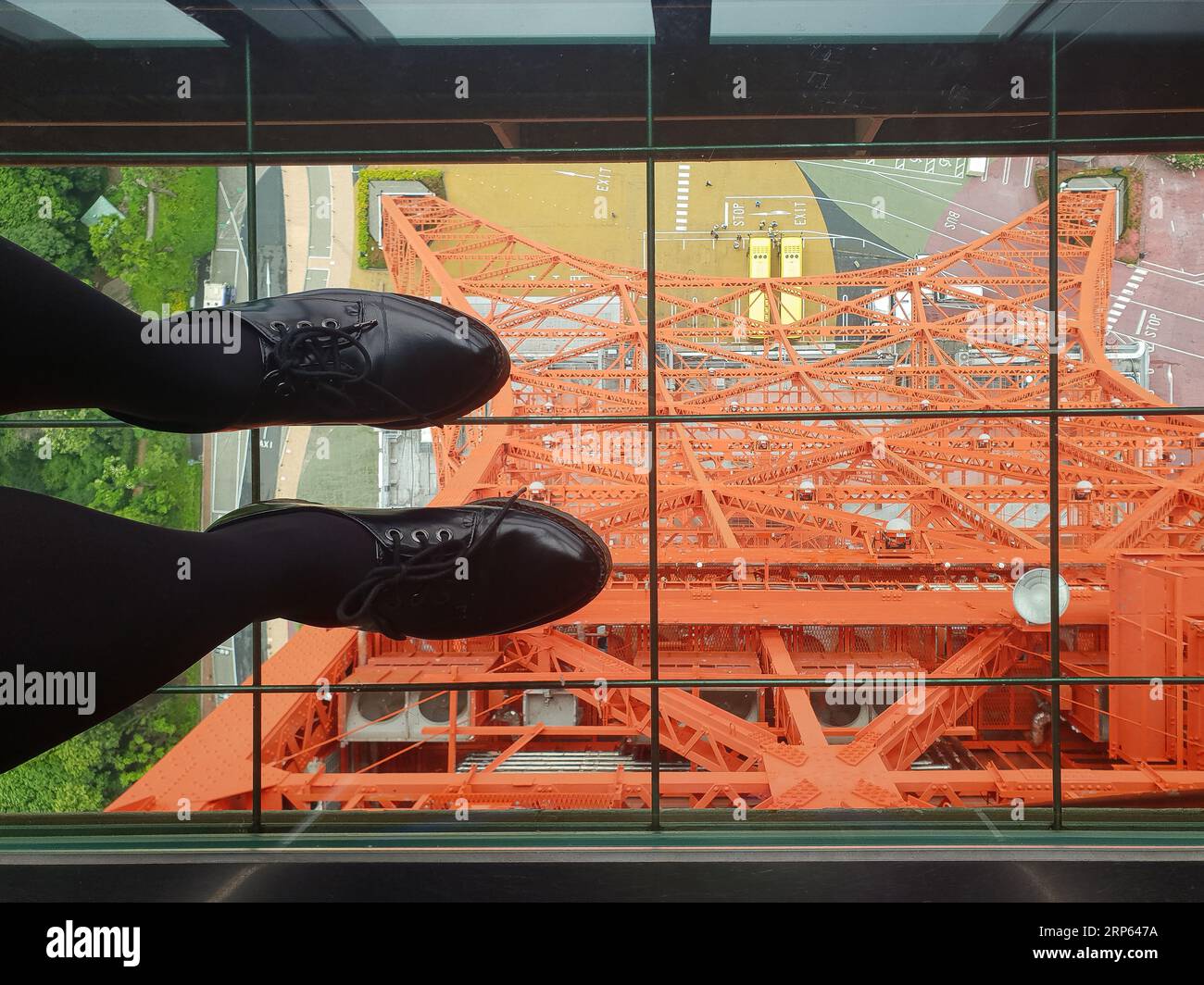Female feet wearing black shoes and tights stand on a glass floor ...
