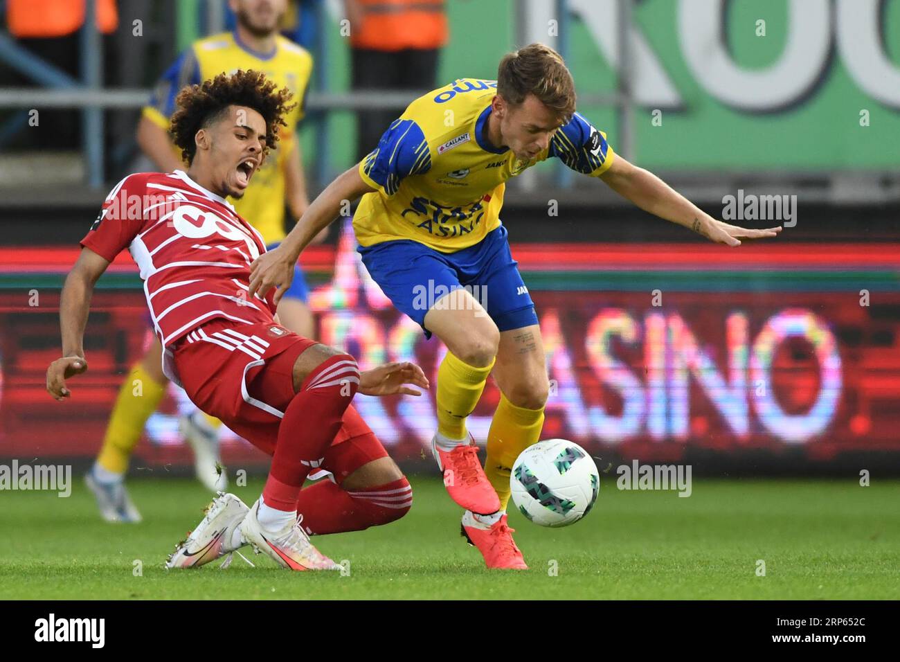 Beveren Waas, Belgium. 03rd Sep, 2023. SL16's Noah Mawete and Beveren's ...