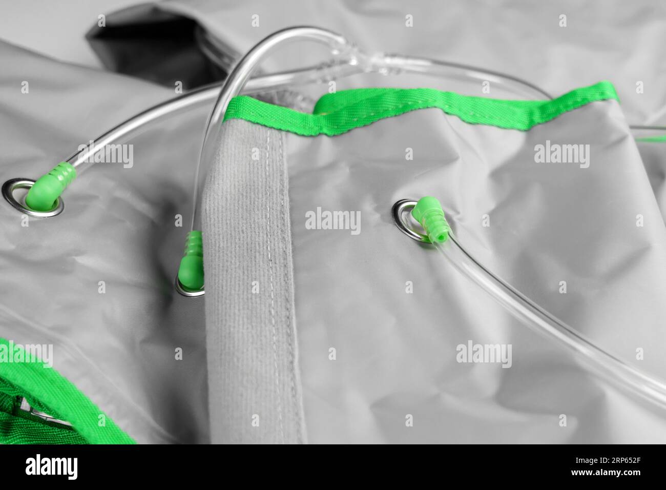 Pneumatic tube connection block with compressed air pressure close up ...