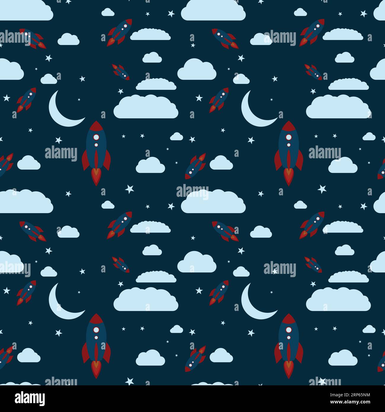 Seamless pattern night theme rocket launch clouds stars and moon crest ...