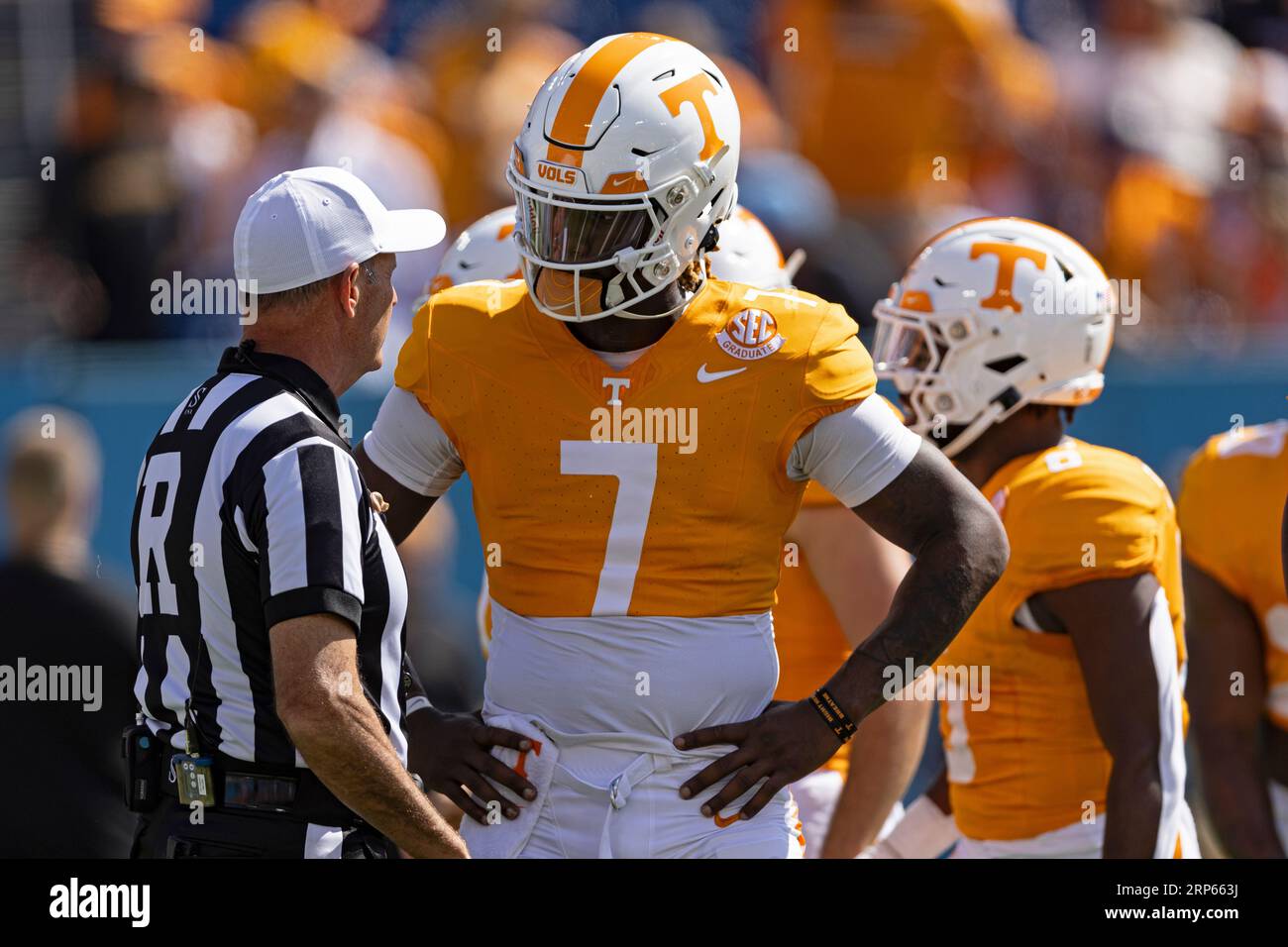 Tennessee quarterback Joe Milton III (7) talks with an official during ...