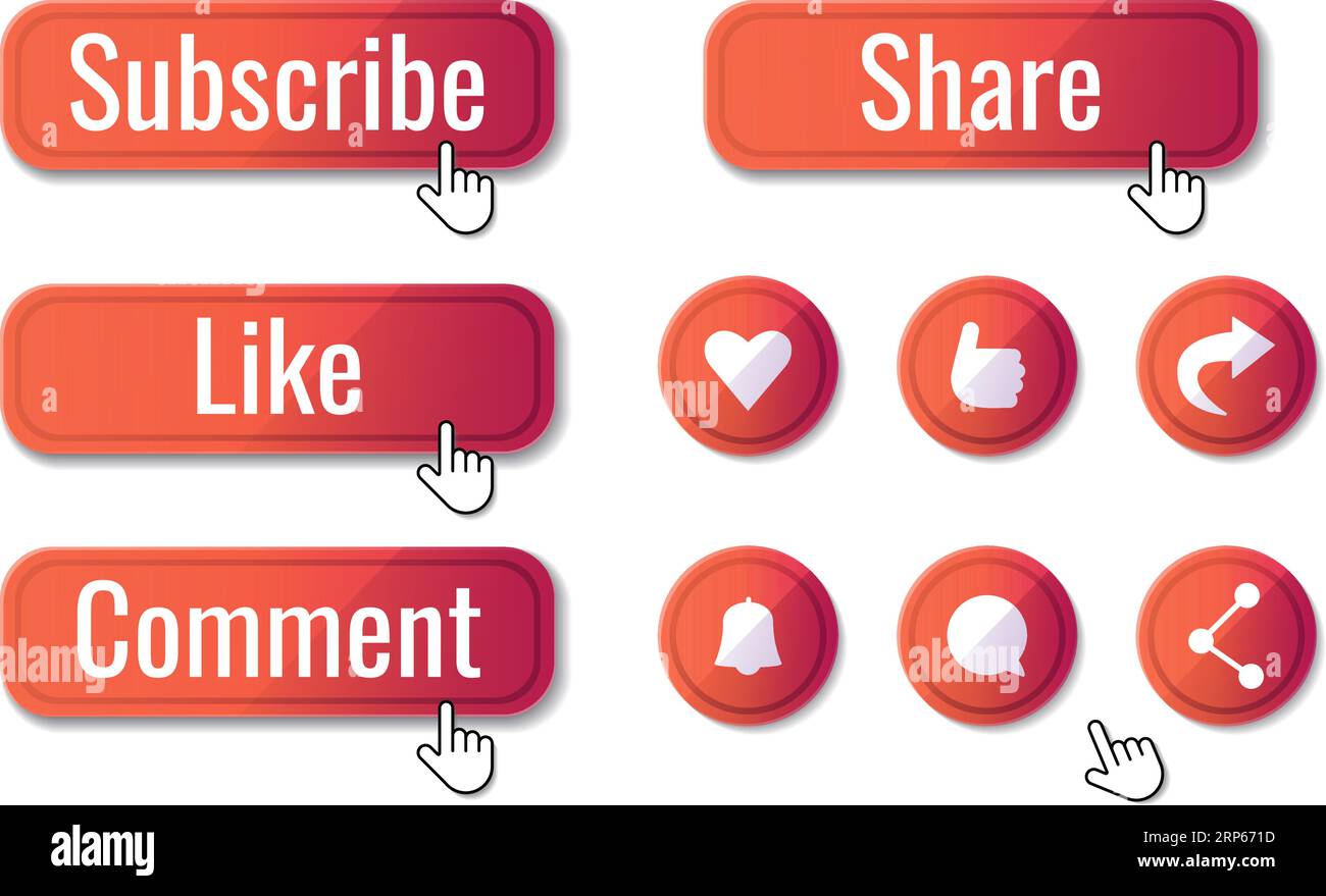 Social media buttons set such as subscribe, like, comment, share. Heart, thumbs up, arrow, bell ...
