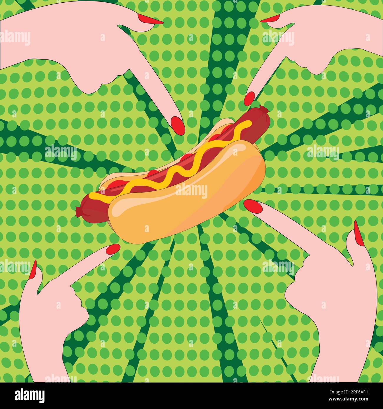 Hands pointing a hot dog with green pop art background; four hands with ...