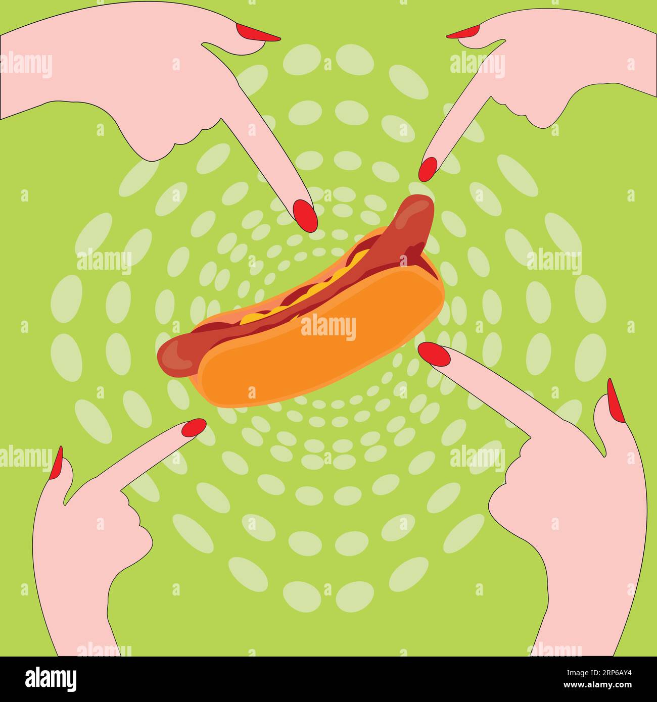 Hands pointing a hot dog; four hands with poting finger pointing to ...