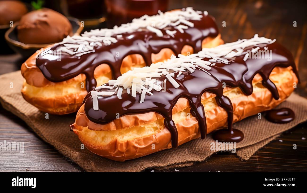 Exquisite eclair made from choux dough, brimming with creamy filling ...