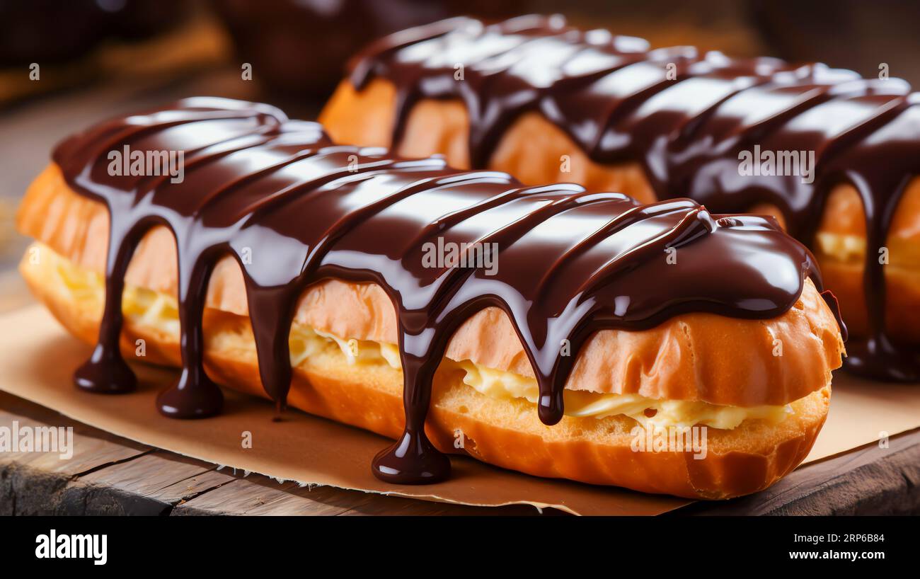 Exquisite eclair made from choux dough, brimming with creamy filling ...