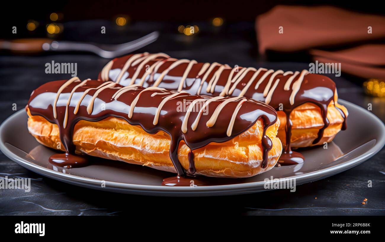 Exquisite eclair made from choux dough, brimming with creamy filling ...