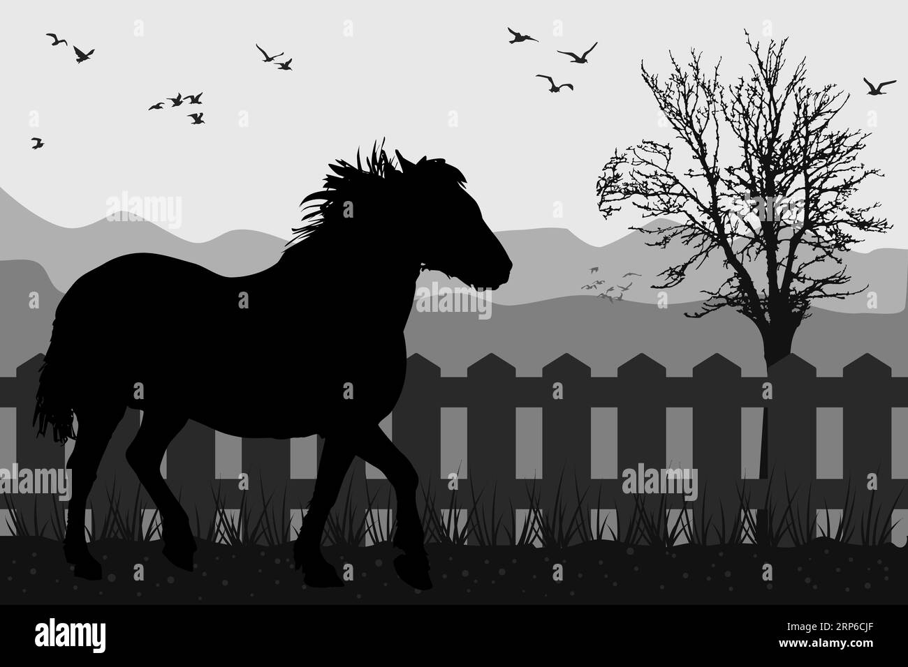 Horse silhouette by wooden fence. Steed on meadow with paddock. Rustic ...