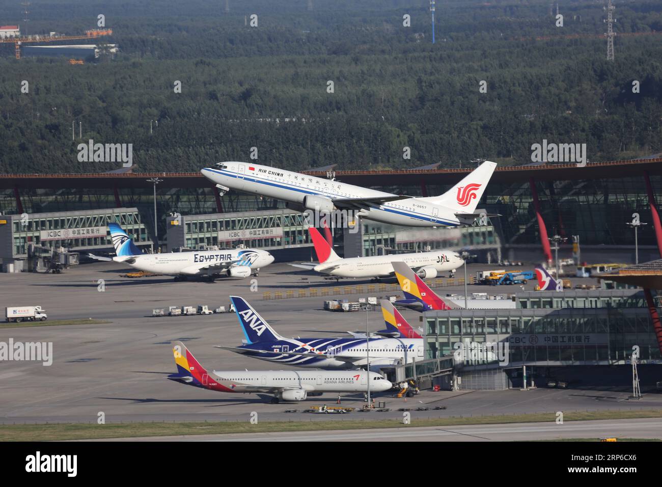 An aerial view of a bustling international airport, with multiple ...