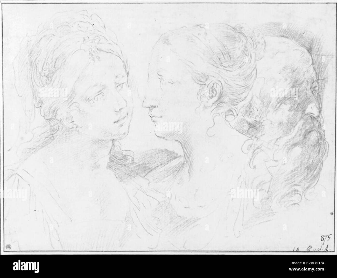 Heads of two women and a bearded man by Flaminio Torre Stock Photo - Alamy