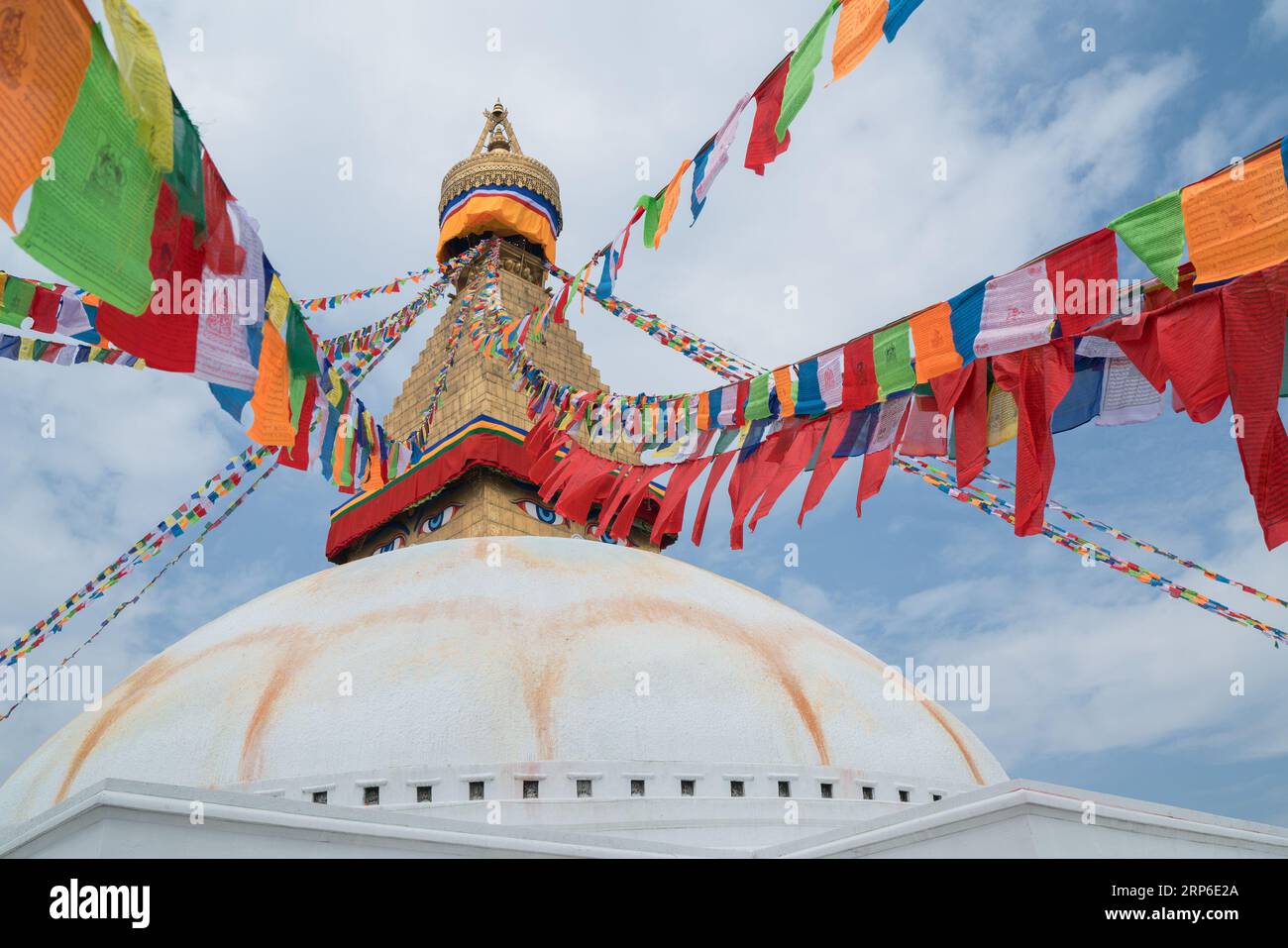 Multicolored praying flags with Mantras texts hinged on the top of ...