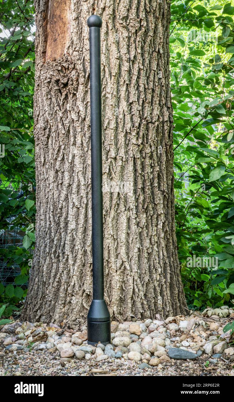 adjustable weight steel mace in a backyard against an oak tree ...