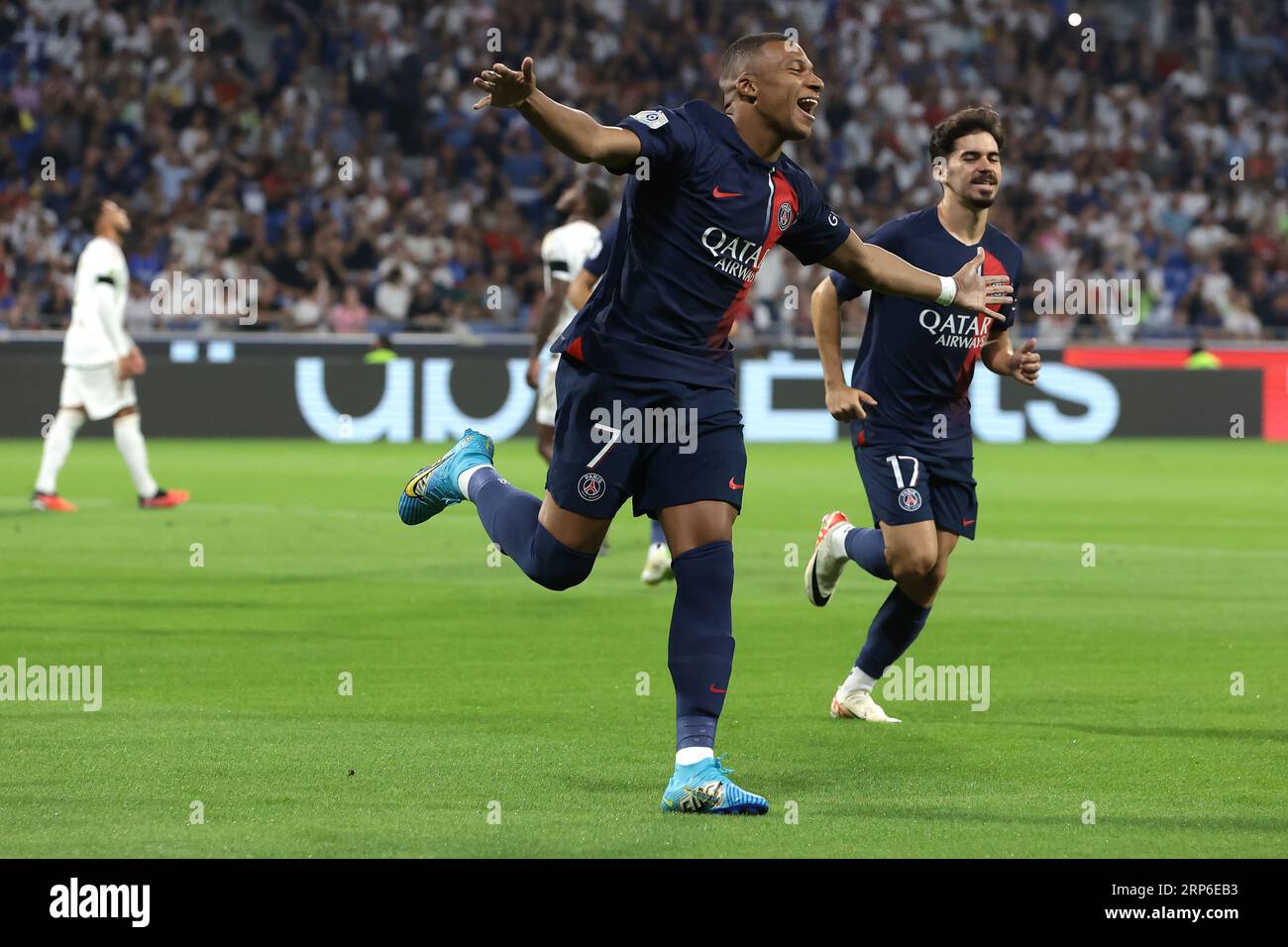 Lyon, France. 3rd Sep, 2023. Kylian Mbappe of PSG celebrates after ...
