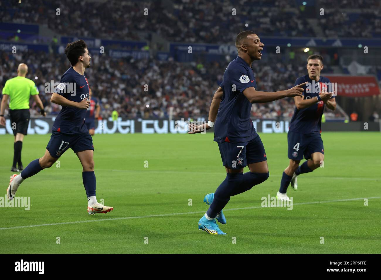 Lyon, France. 3rd Sep, 2023. Kylian Mbappe of PSG celebrates with team ...