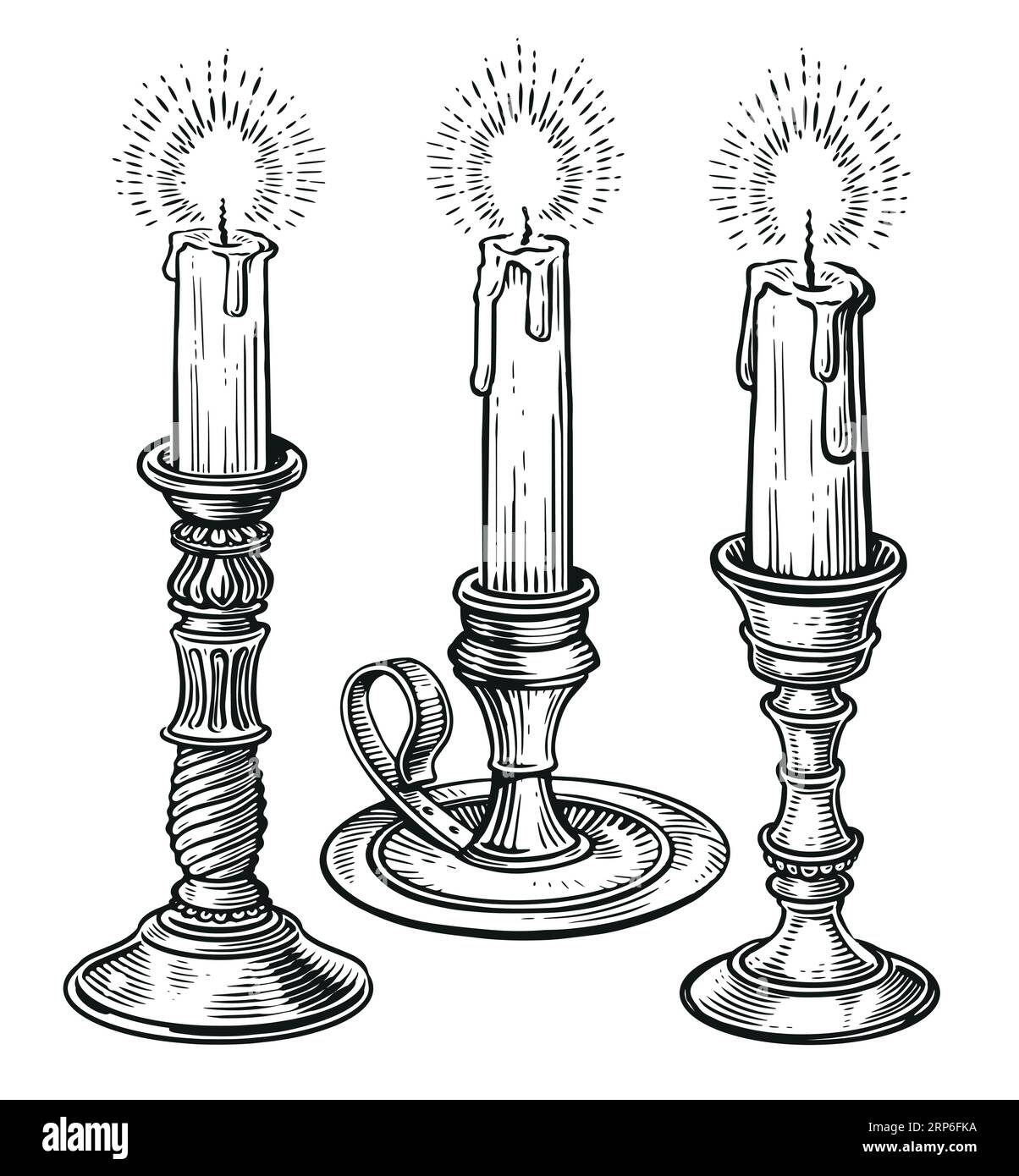 Candlestick with a burning candle. Vintage lantern sketch. Vector ...