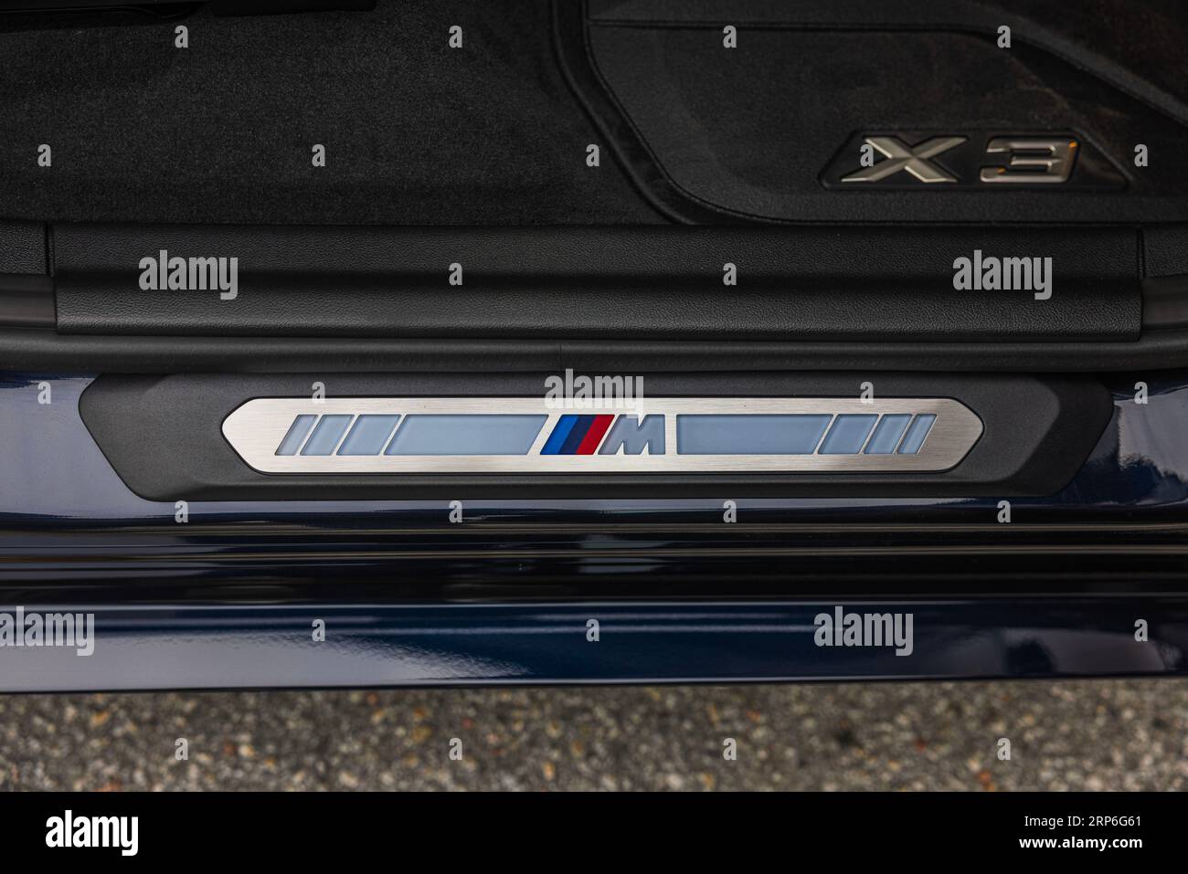 Close-up of door sill with M symbol on 2023 BMW iX3 M Sport Stock Photo ...