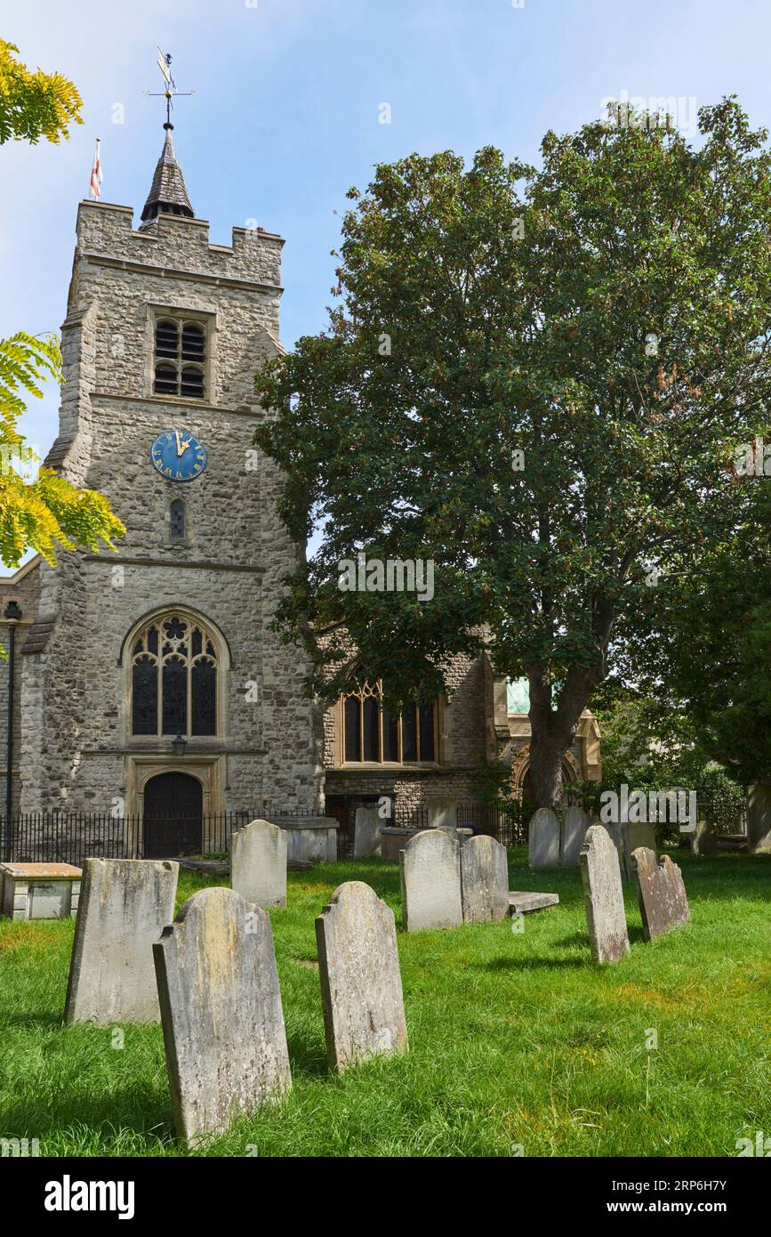 The 15th century tower of the church of St Nicolas, Chiswick, London UK ...