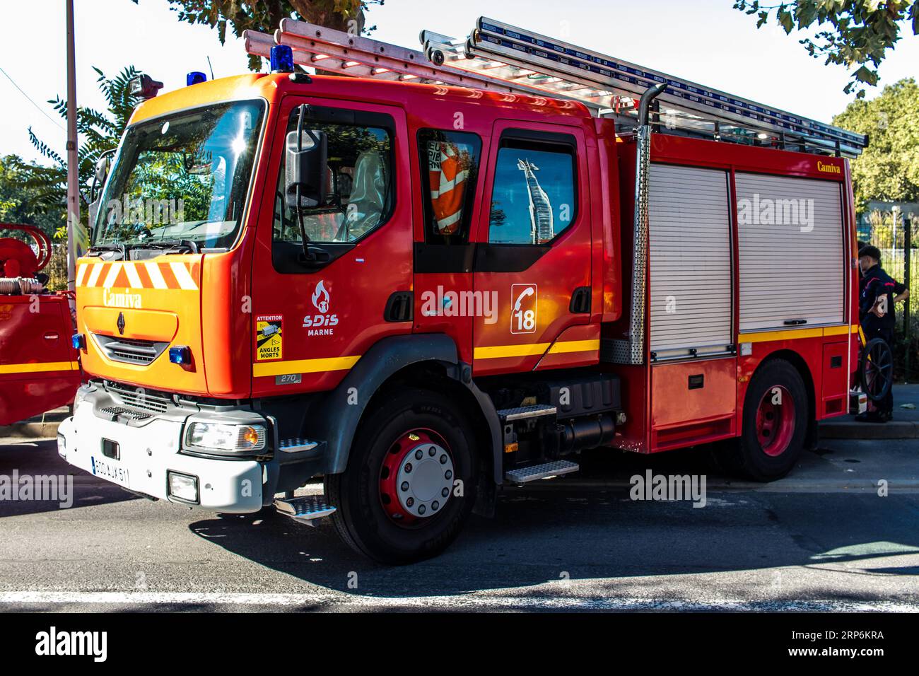 Reims, France - September 02, 2023 Fire engine on display to the public ...