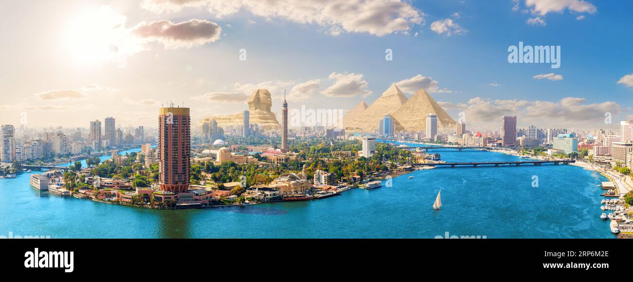 Modern Cairo downtown, aerial view over the Nile on the way to the ...