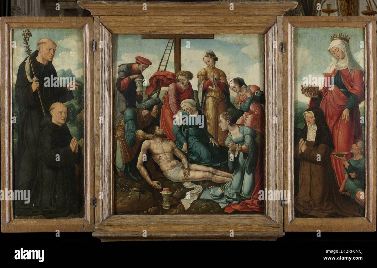Triptych with the Lamentation of Christ (centre panel), the donor with St Benedict (inner left ...