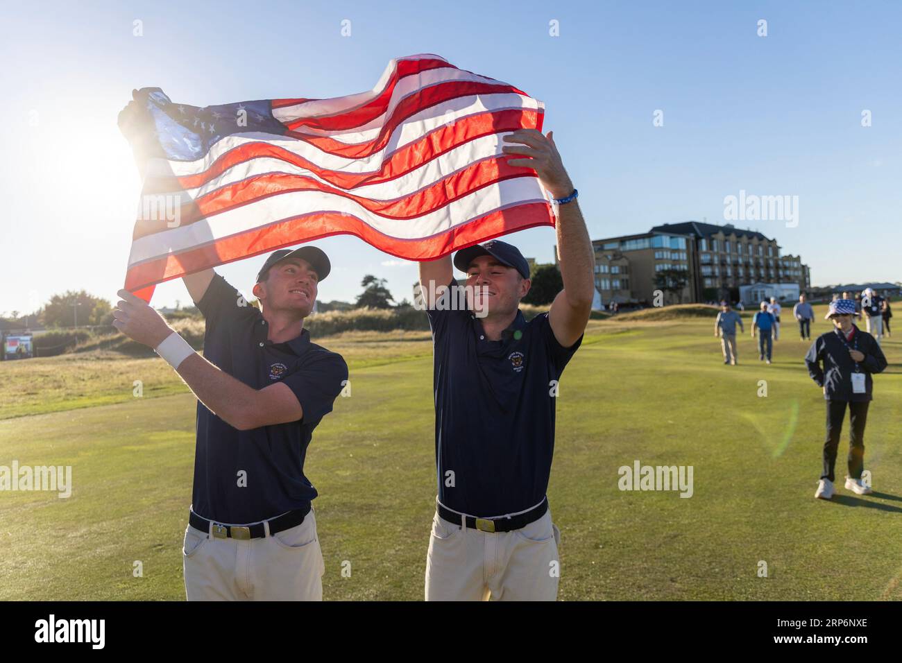 Nick Dunlap (left) and Austin Greaser of the USA on the 17th green as ...
