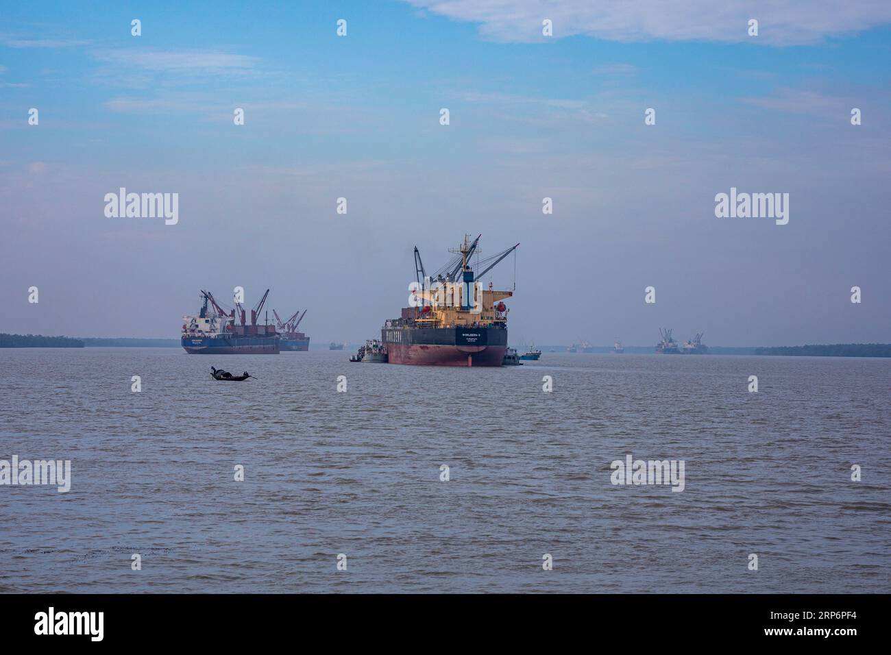 Foreign vessels anchored on the Pashur River on the outer anchorage of ...